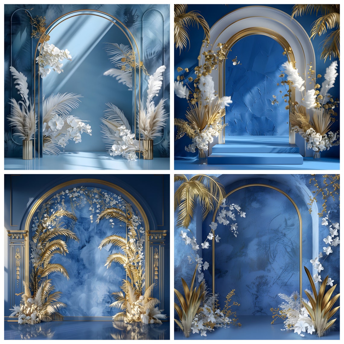 Blue and Gold Floral Arch Backgrounds Digital Backdrop Overlay ...