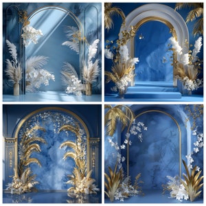 Blue and Gold Floral Arch Backgrounds Digital Backdrop Overlay ...
