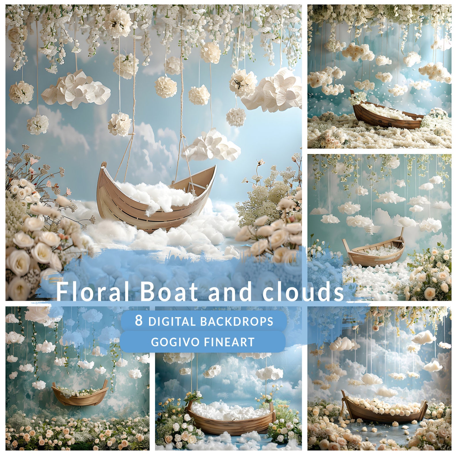 Floral Boat and Clouds Digital Backdrops Newborn Digital Backdrop ...
