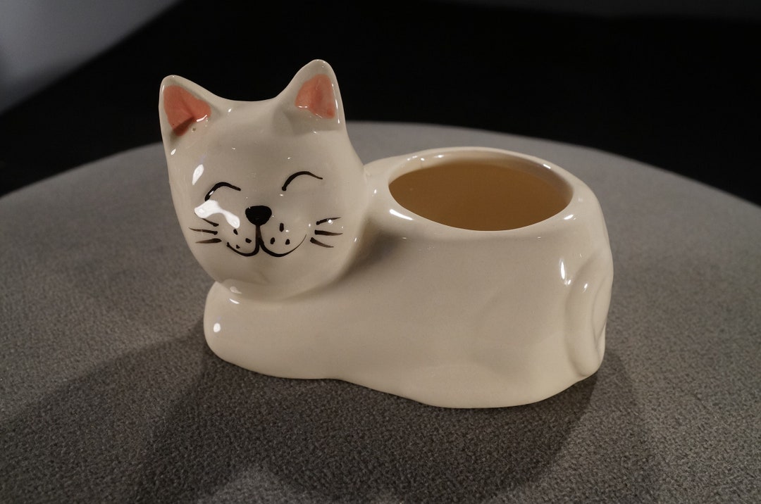 Vintage Pottery Ceramic Cat Design Planter Pot Glazed Indoor Outdoor ...