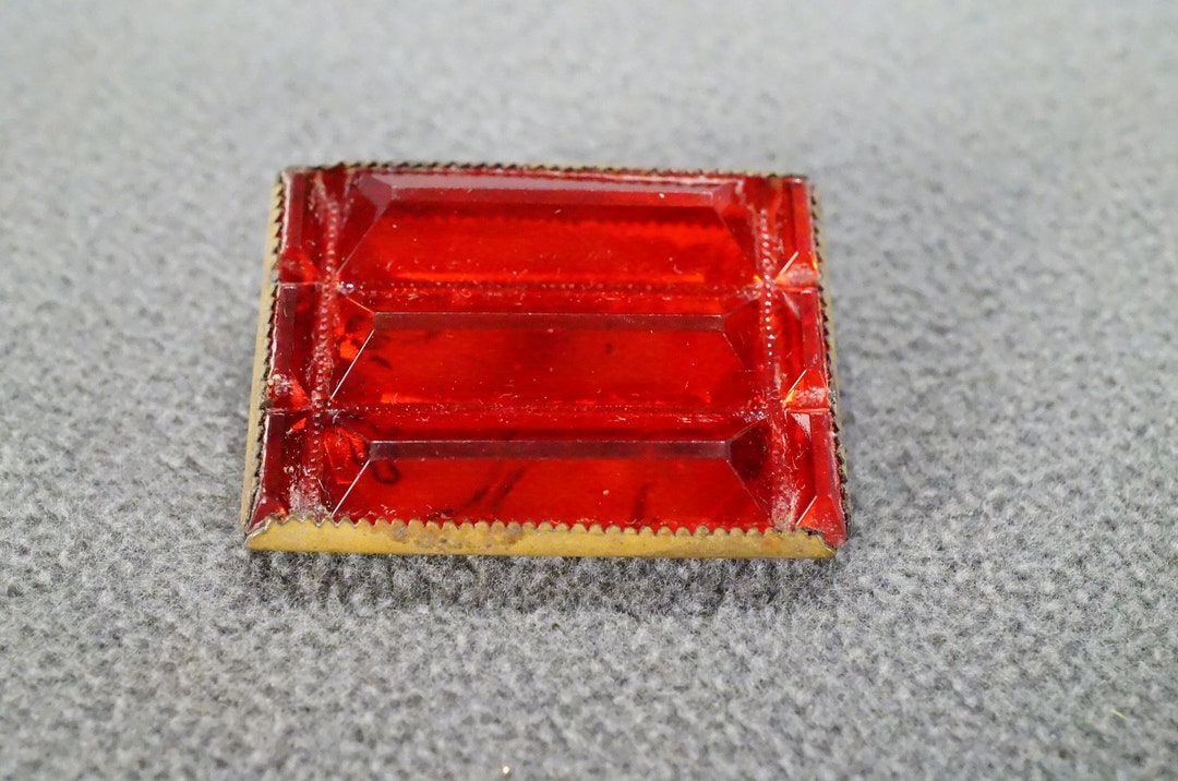 Antique Vintage Pin Brooch Brass 3 Bezel Set Rectangle Ruby Red Glass ...
