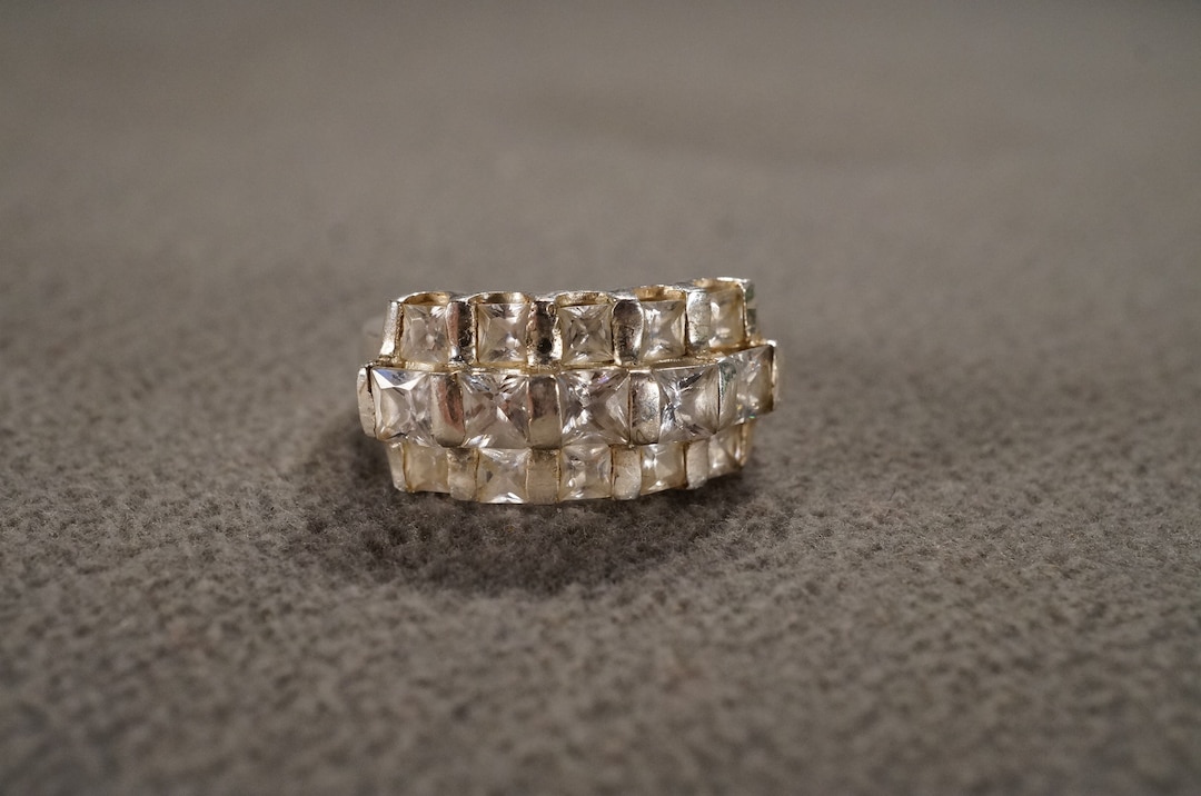 Vintage Wedding Band Stacker Design Ring Sterling Silver 15 Square Bezel Set White Topaz Cluster ...