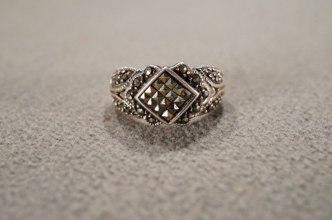 Vintage Wedding Band Stacker Design Ring Sterling Silver Multi Round Square Bezel Prong Set ...