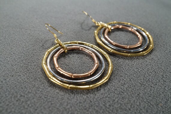 Antique Vintage Yellow Gold Tone 3 Tier Hoop Design E… - Gem