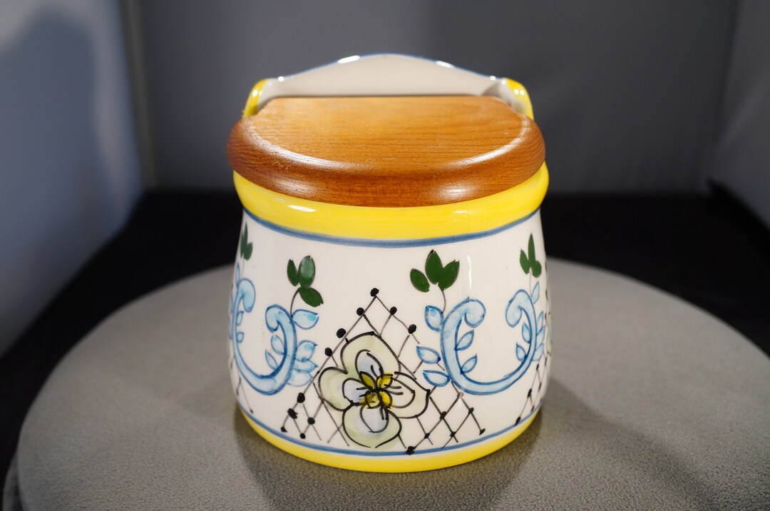 Vintage Napastyle Portugal Salt Keeper Wood Lid Hand Painted Multi ...