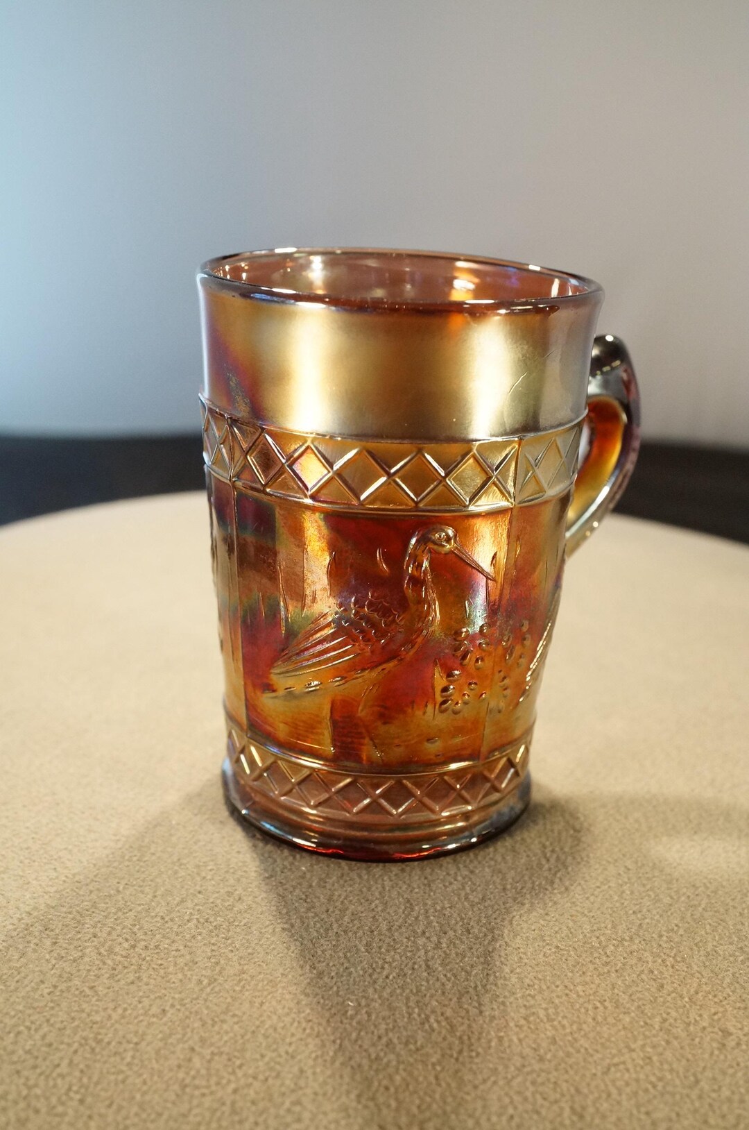Antique Vintage Dugan Carnival Glass Handled Mug Stork Rushes Pattern ...