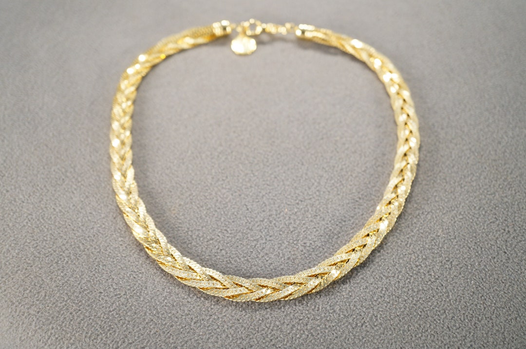 Vintage Necklace Chain Signed Ann Klein Yellow Gold Tone Woven Twisted ...