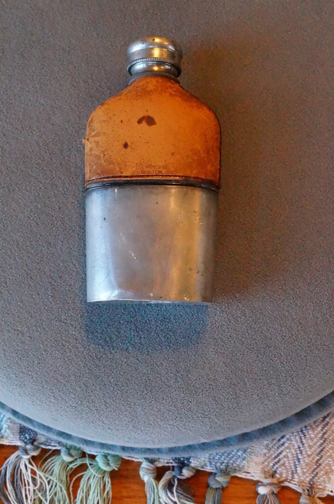 Antique Vintage 1870 Civil War Time Flask Moulded Glass Metal Pewter ...
