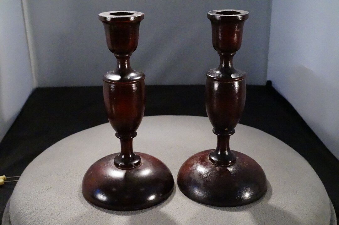 Antique Vintage Genuine Wood Tall Set 2 Candlesticks Curved Detailed ...