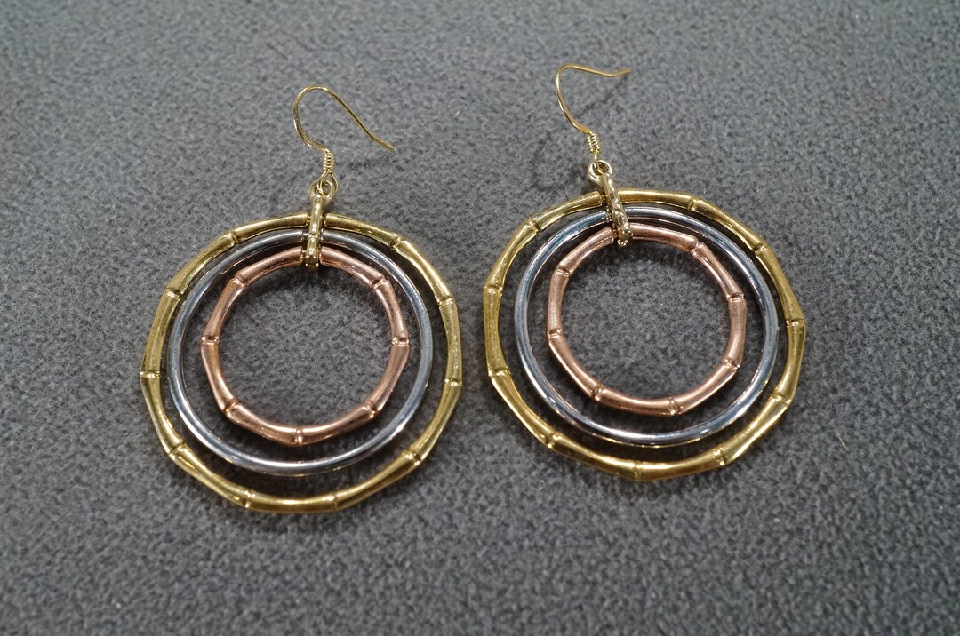 Antique Vintage Yellow Gold Tone 3 Tier Hoop Design Earrings Pair ...