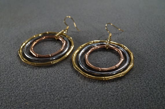Antique Vintage Yellow Gold Tone 3 Tier Hoop Design E… - Gem