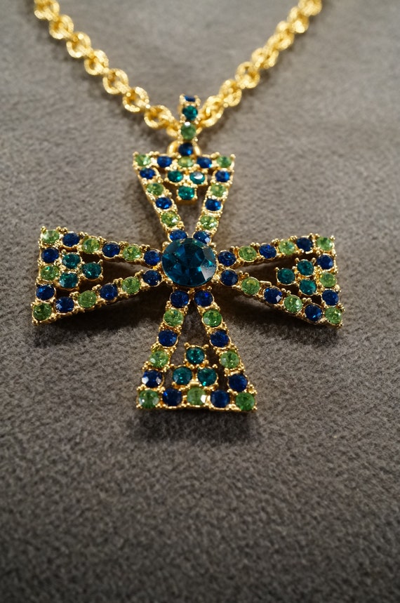 Vintage Yellow Gold Tone Religious Cross Crest Design… - Gem