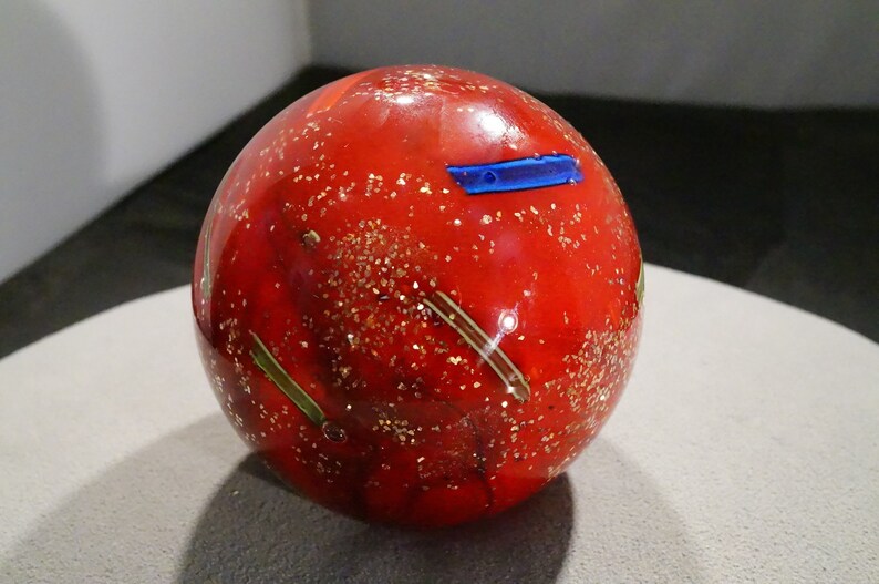 Vintage Artist Rendered Hand Blown Art Glass Orb Intense Ruby Red Multi ...