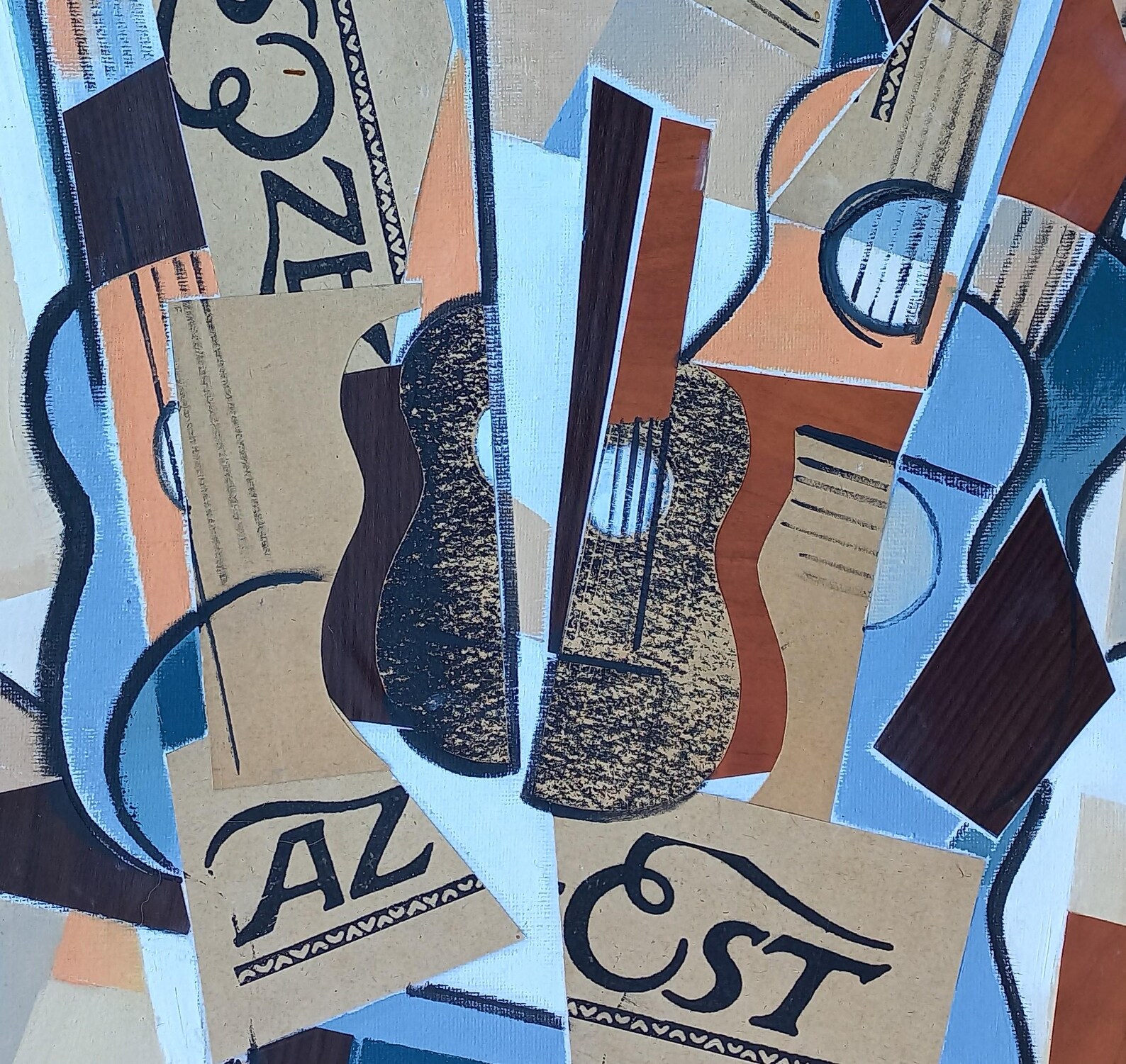 Cubist Still-life With Guitars and Newspaper - Collage on Canvas - Etsy