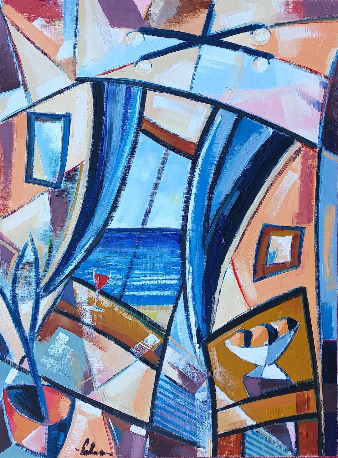 Cubist Interior With Seaview - Oil Painting - Etsy
