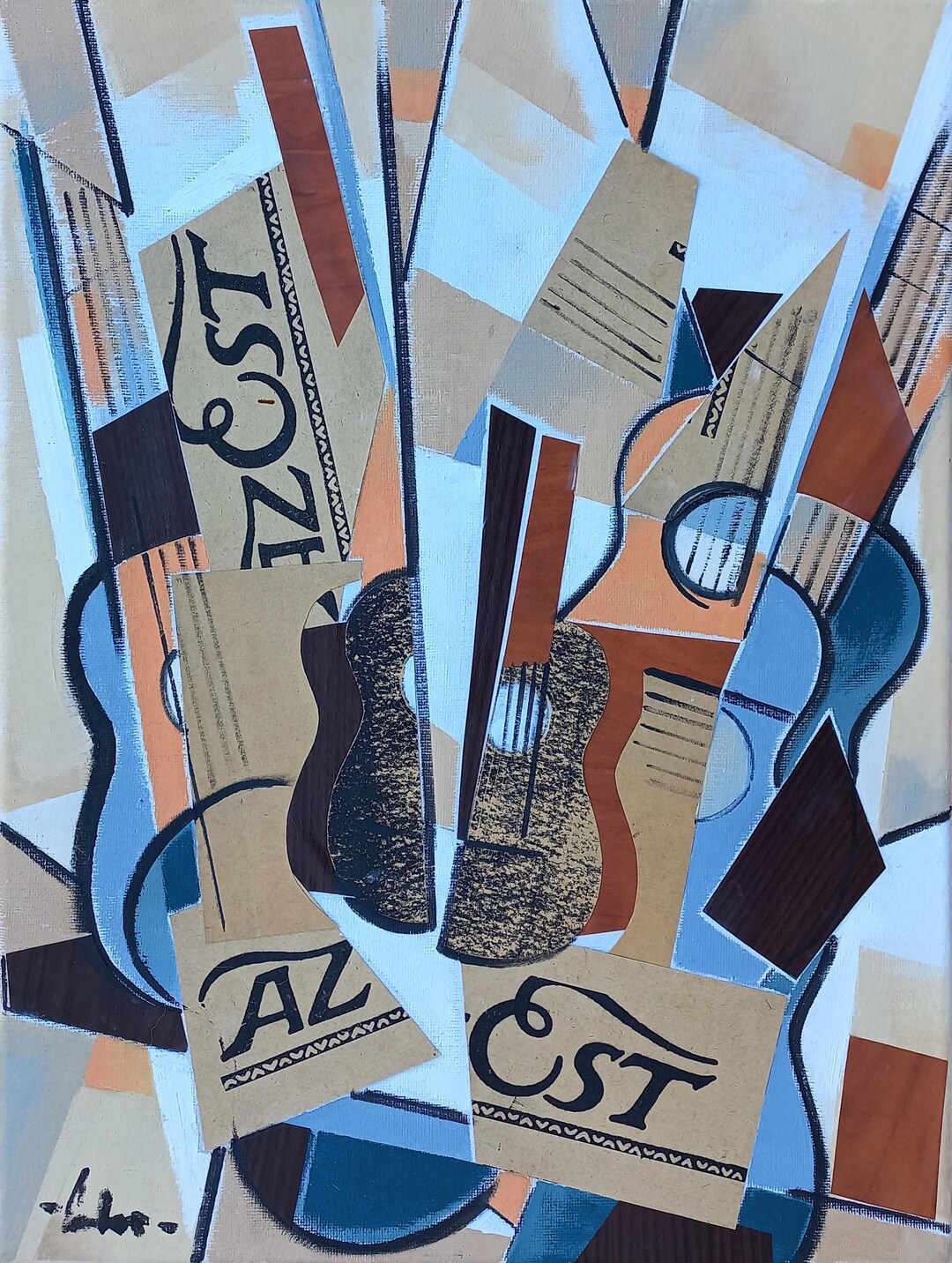 Cubist Still-life With Guitars and Newspaper - Collage on Canvas - Etsy