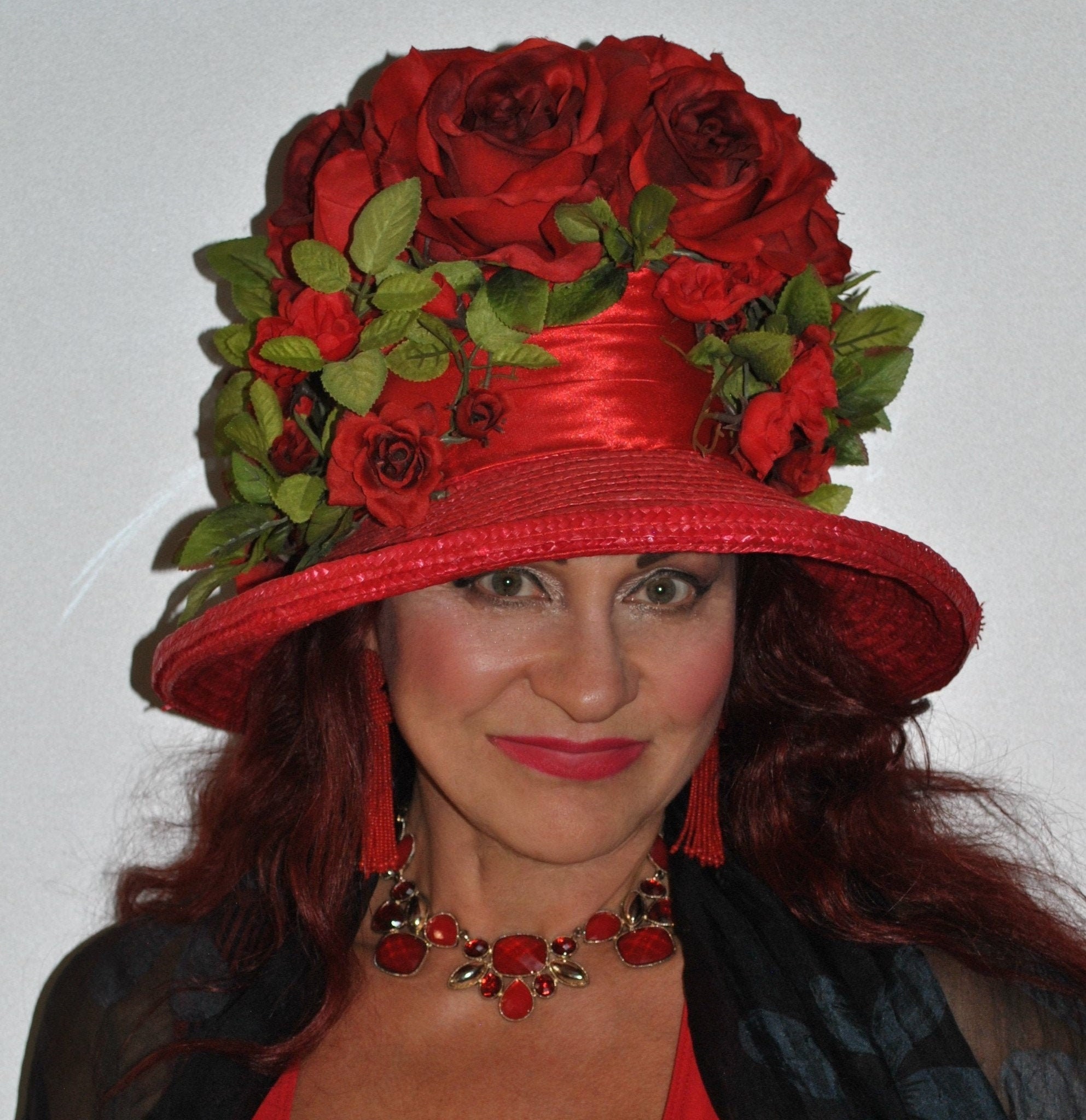 Tall, Red & Green, Straw, Lace Hat - Etsy
