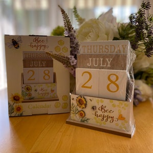 Bee Themed Wooden Block Perpetual Calendar With Words be Happy and ...