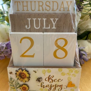 Bee Themed Wooden Block Perpetual Calendar With Words be Happy and ...