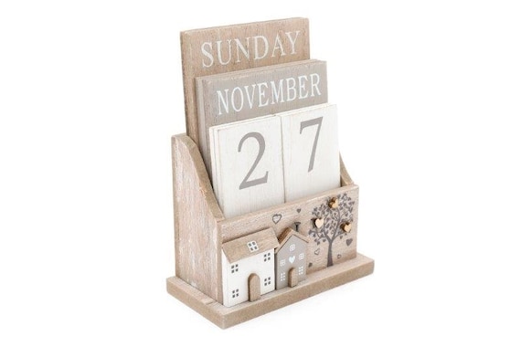 Wooden Block Perpetual Calendar With House and Tree Design - Etsy