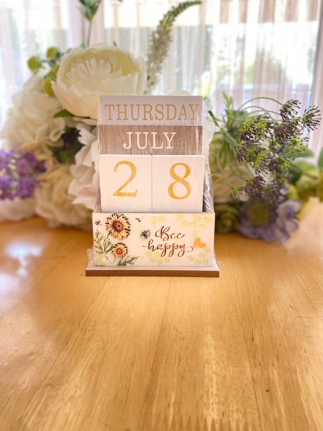 Bee Themed Wooden Block Perpetual Calendar With Words be Happy and ...