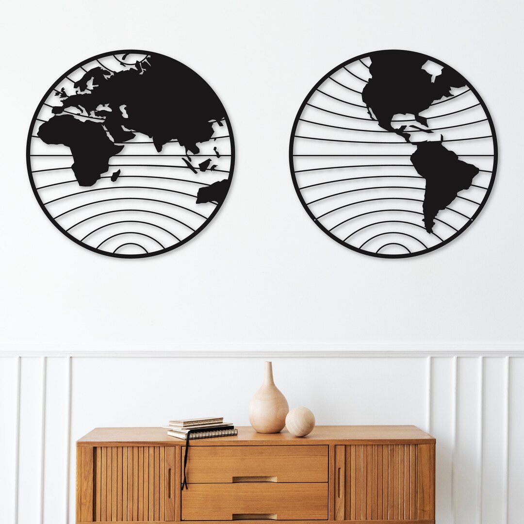 Hemispheres Metal Wall Art Set, Metal World Map, East & West Wall Sign ...