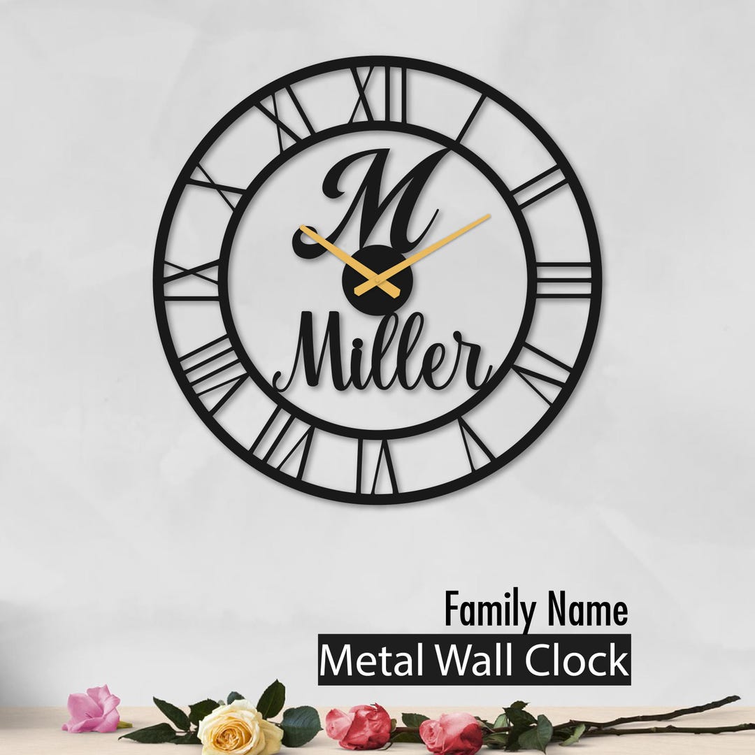 Family Name Sign Metal Wall Clock - Custom Last Name Decor for ...