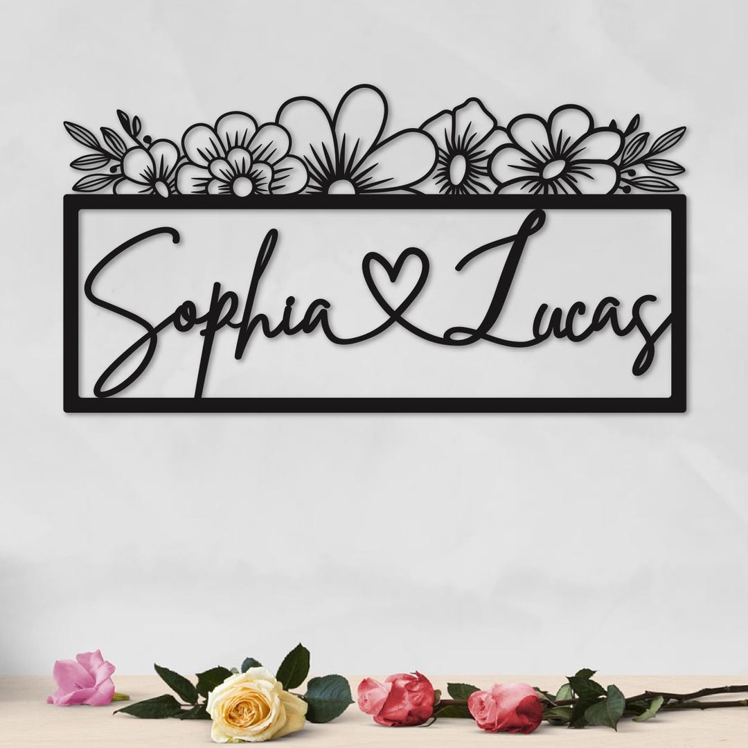 Personalized Romantic Gift Metal Wall Decor With Names, Flowers & Heart ...