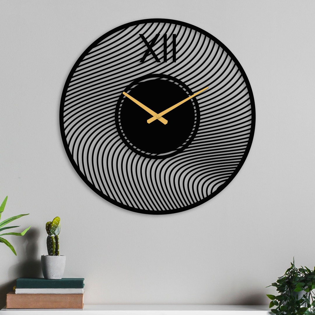 Metal Wall Clock Wavy Circle Pattern, Geometric Line Modern Wall Art ...