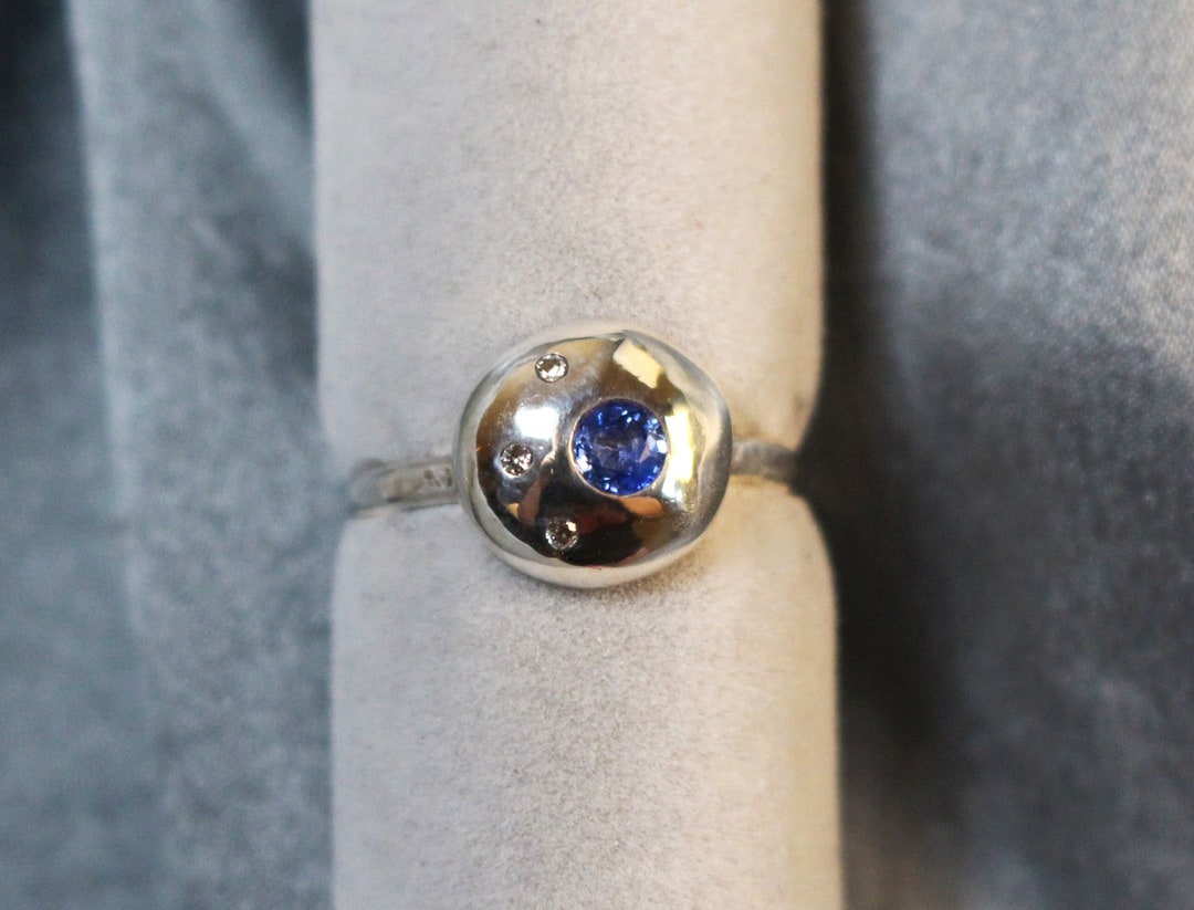 Diamond, Blue Sapphire, and Sterling Silver Flush Set Ring, Size 4.5 - Etsy