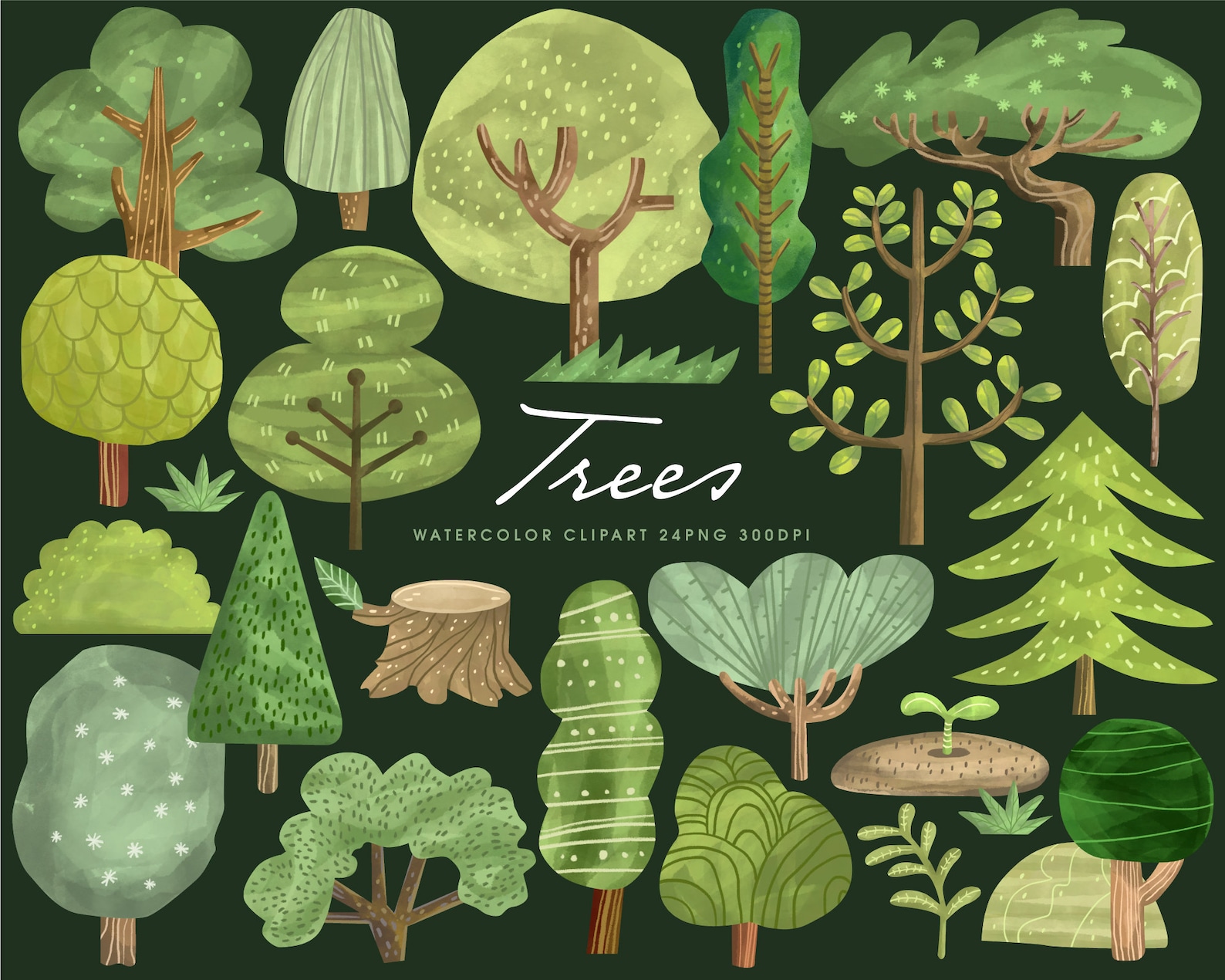 Watercolor Trees Clipart ⊛ Commercial Use Watercolor Clipart Tree and ...