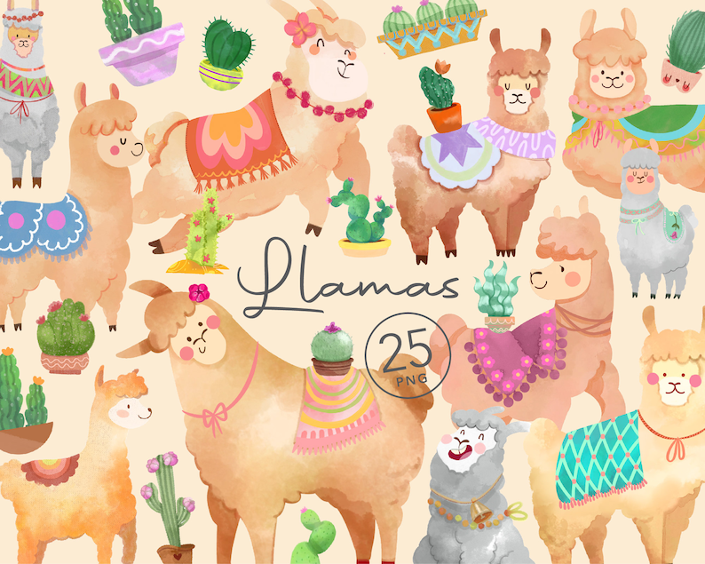 Watercolor Llamas Clipart Alpacas Clipart Cactus Clip Art Llama ...