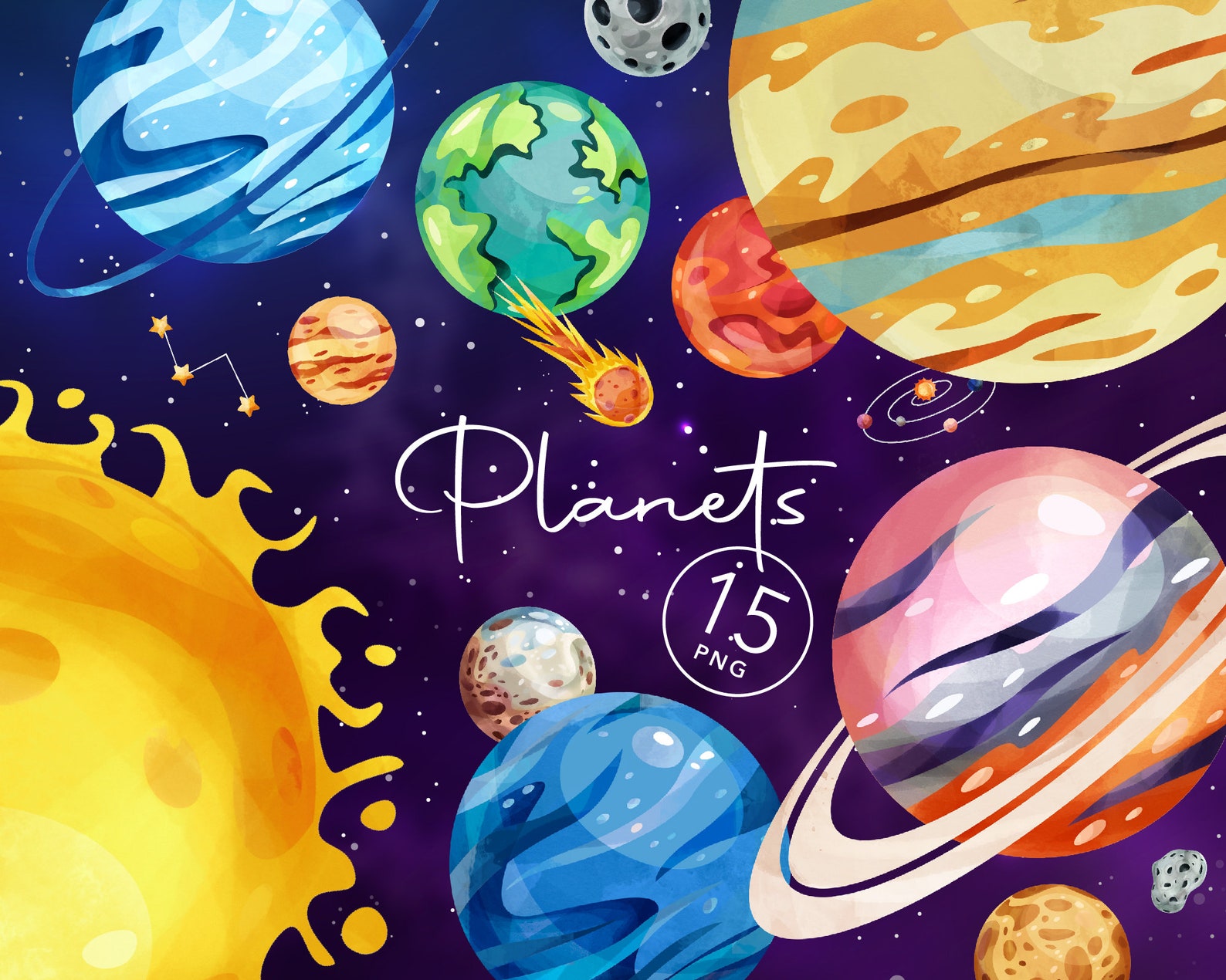 Watercolor Planets Clipart, Solar System Clipart, Outer Space Clip Art ...