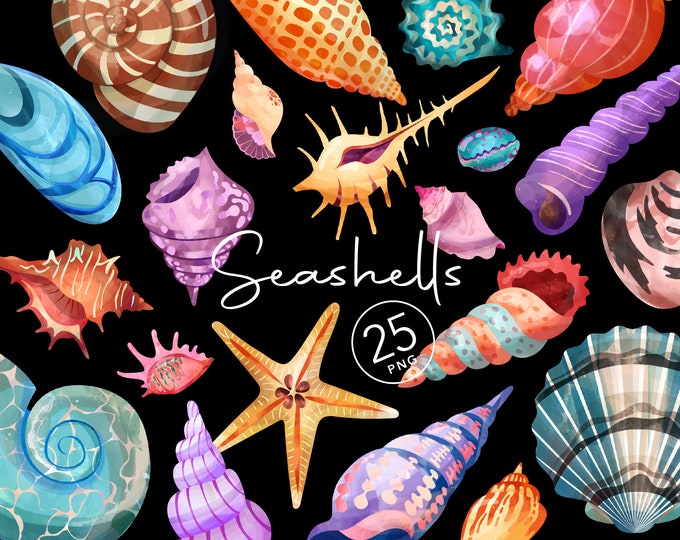 Blue Seashells Clip Art, Watercolor Ocean Shells, Stars & Corals ...