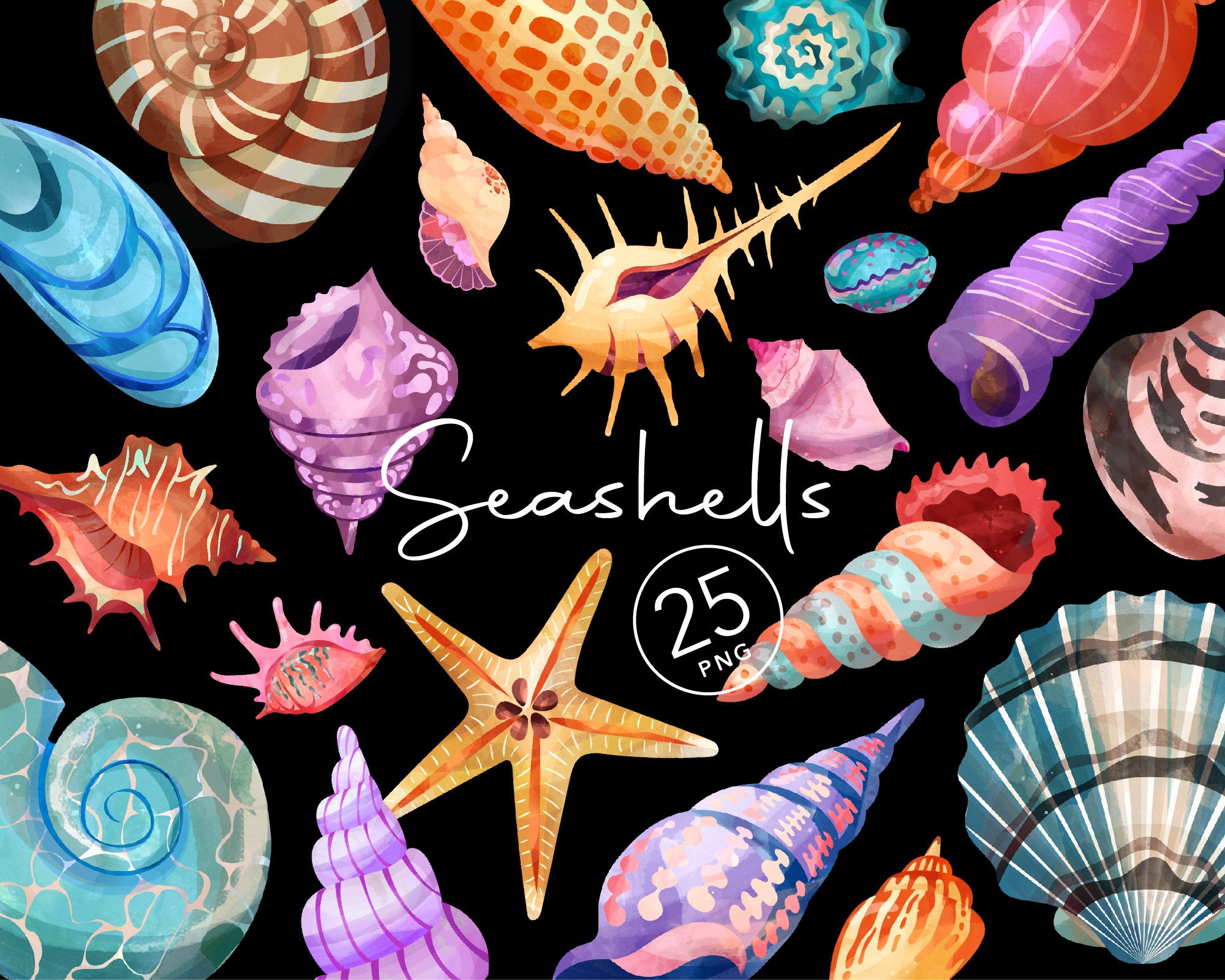Watercolor Seashells Clipart Shell Clipart Nautical Clip Art Nursery Clam Starfish Sea Snail ...