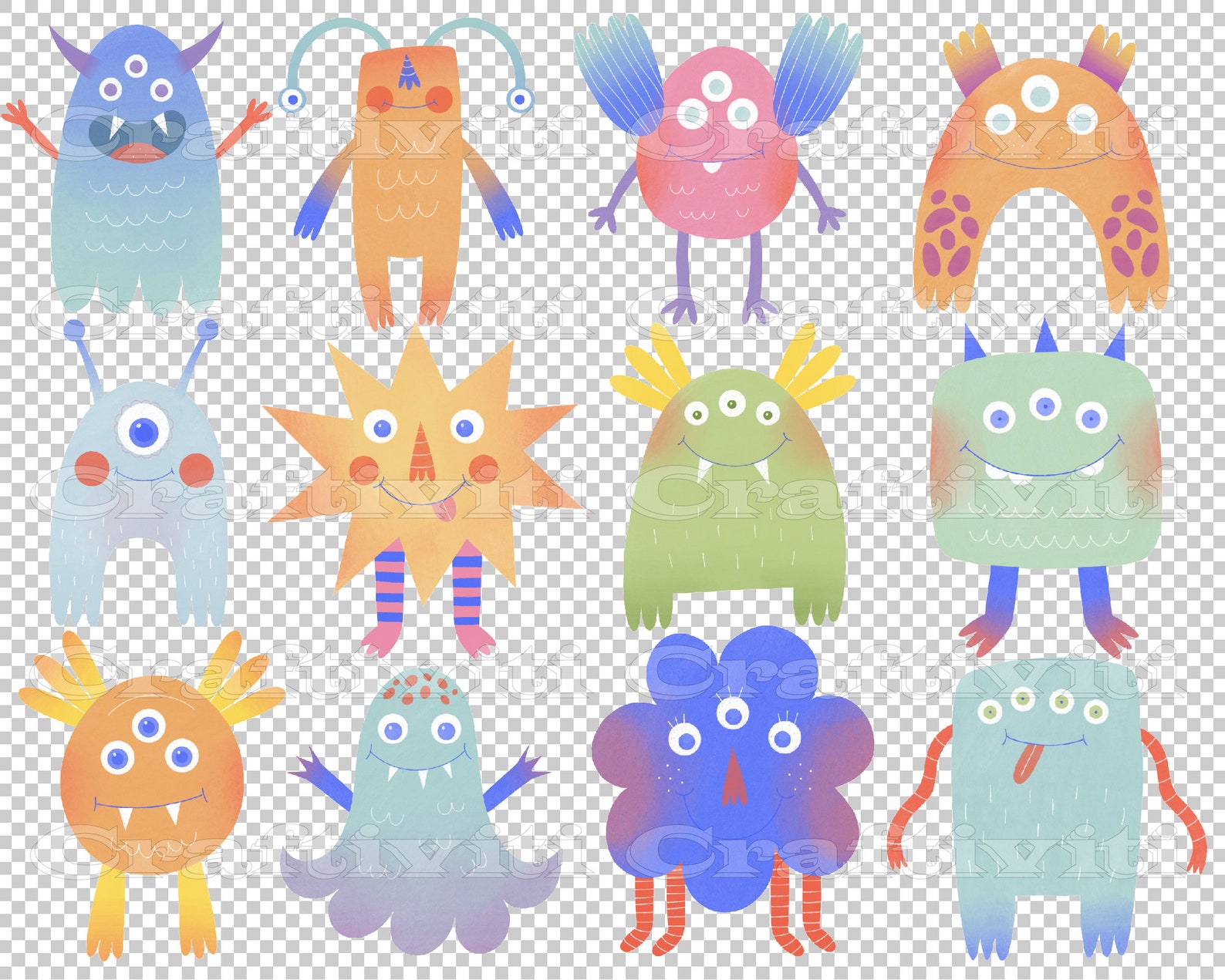 Watercolor Monsters Party Clipart Cute Monsters Clipart Baby Halloween ...