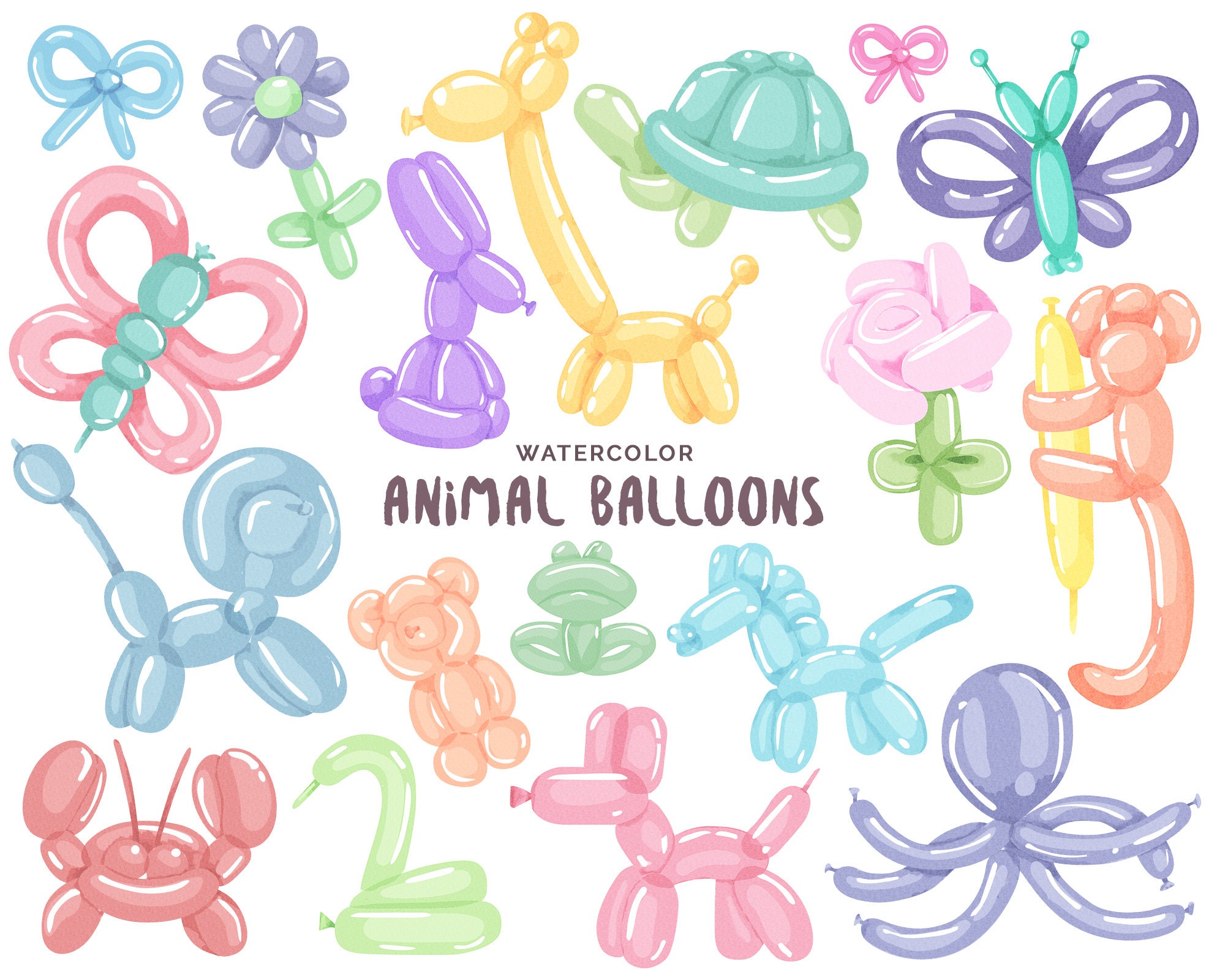 Watercolor Animal Balloons Clipart ⊛ Commercial Use Watercolor Clipart ...