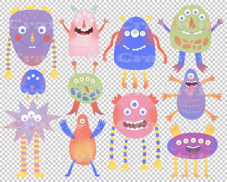 Watercolor Monsters Party Clipart Cute Monsters Clipart Baby Halloween ...