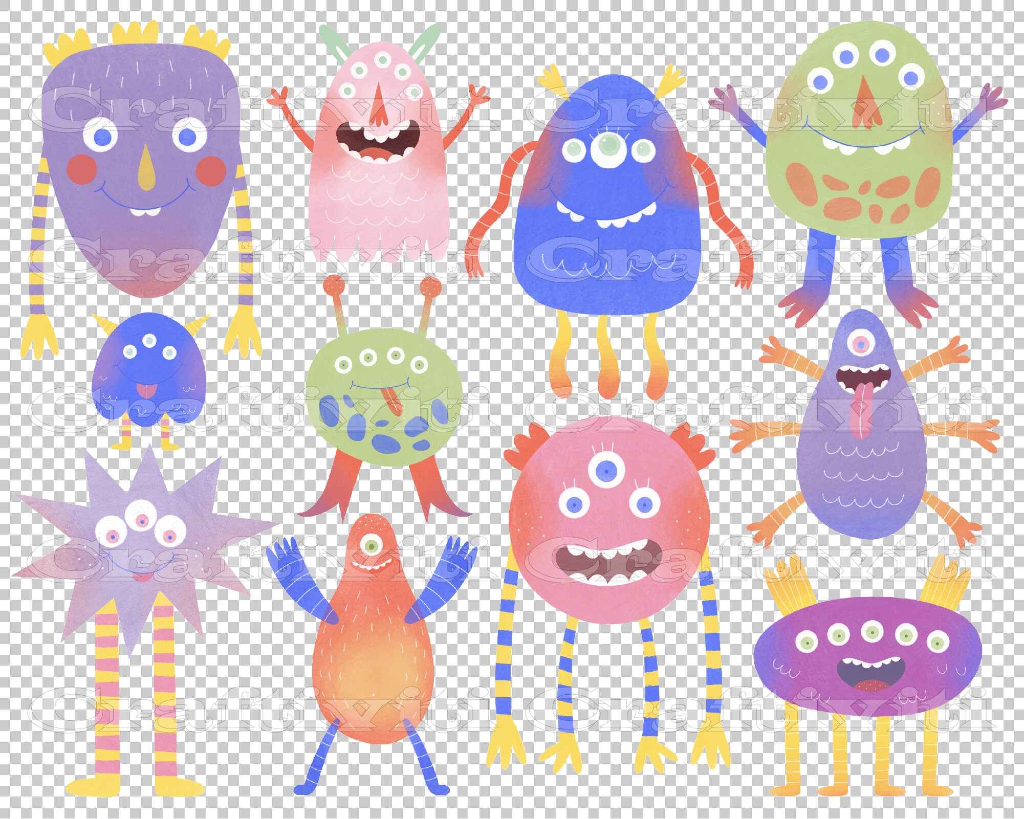 Watercolor Monsters Party Clipart Cute Monsters Clipart Baby Halloween ...