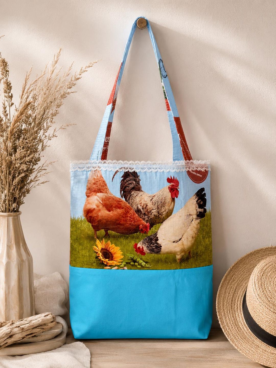 Upcycled Feed Sack Tote Bag | Farmhouse Market Bag With Chickens - Etsy