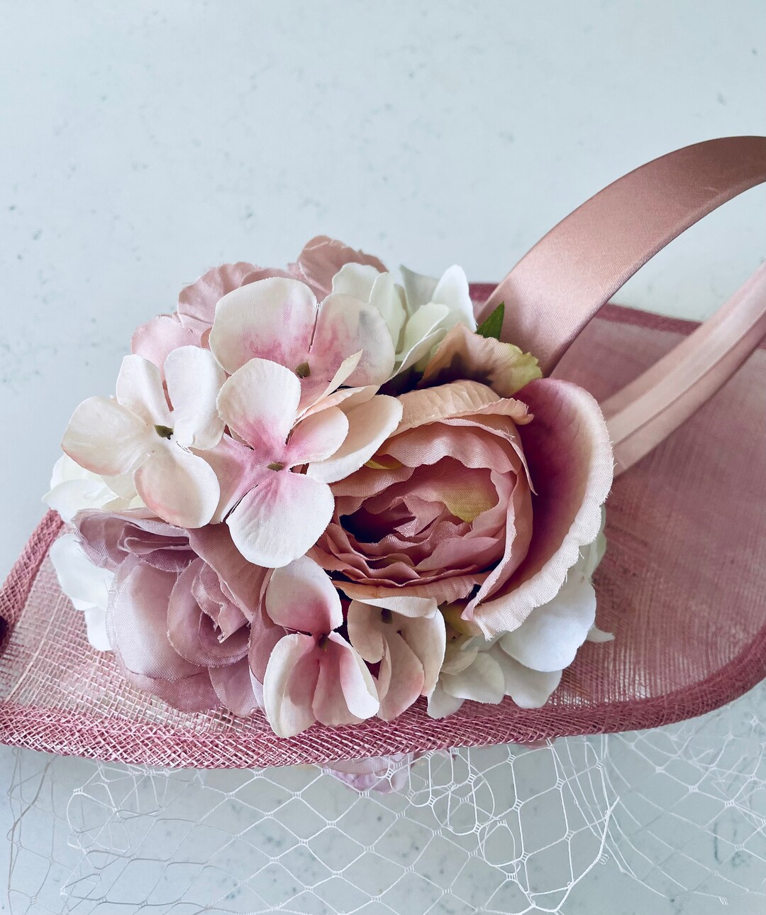 Large Statement Hat Fascinator Tall Teardrop Blush Pink Off-white Cream ...
