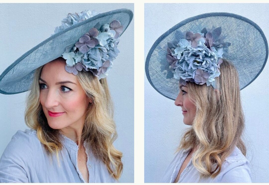 XL Statement Pale Blue Ash Grey Silver Cartwheel Side Hat Fascinator ...