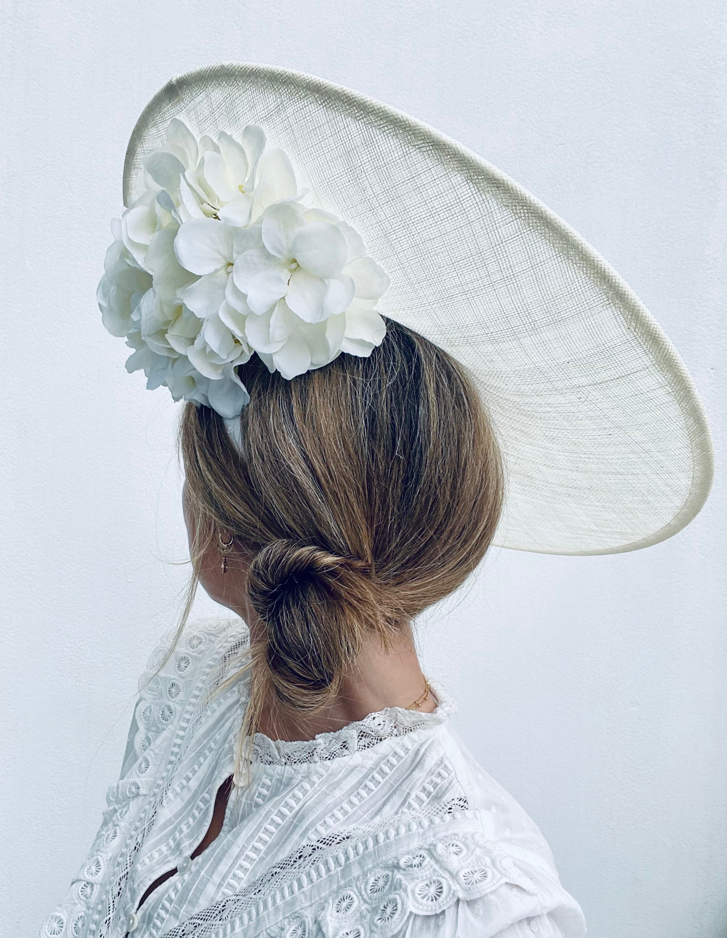 XL Statement Hat Fascinator Ivory White Cream Florals Underneath ...