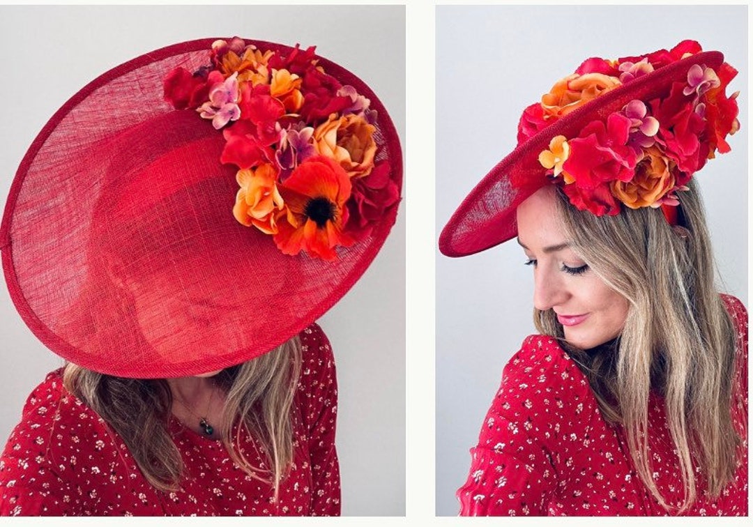 Large Statement Floral Vibrant Red Round Hat Fascinator Hydrangea ...