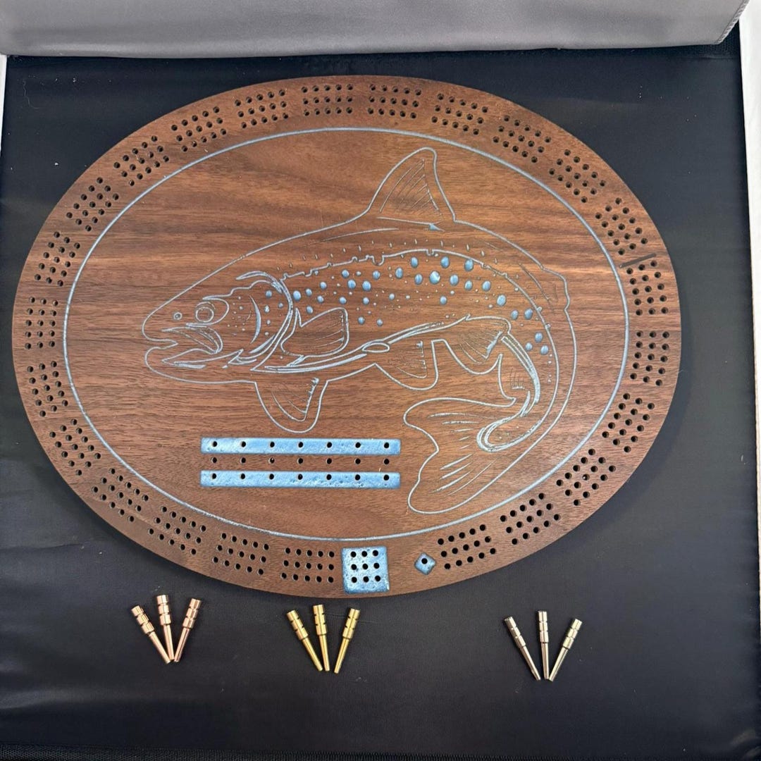 Premium Cribbage Board With Custom Trout Resin Inlay and Peg Storage ...