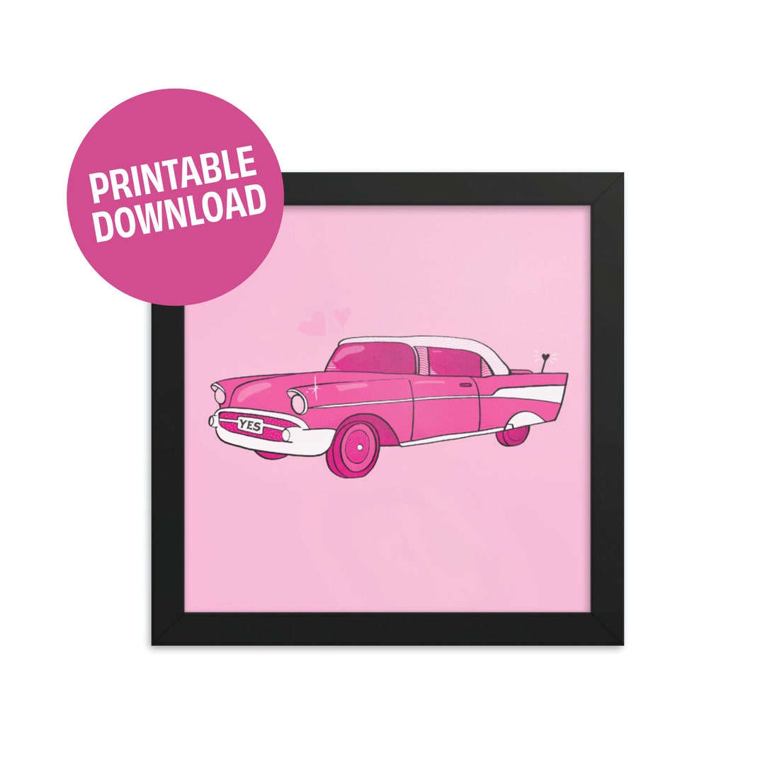 Retro Pink Car Illustration Printable Downloadable Wall Art - Etsy