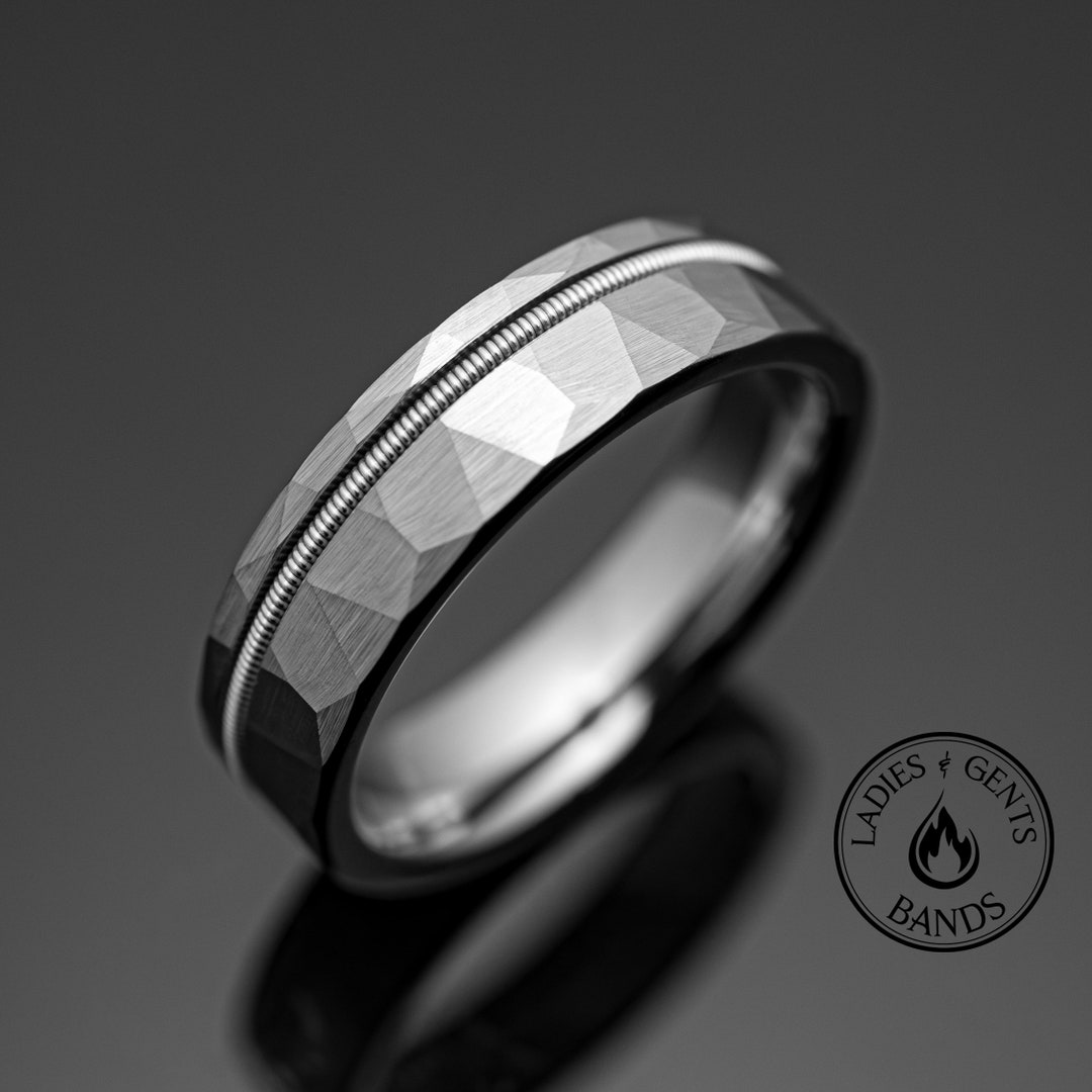 6mm Silver Hammered Guitar String Wedding Ring, Silver Mens Wedding ...