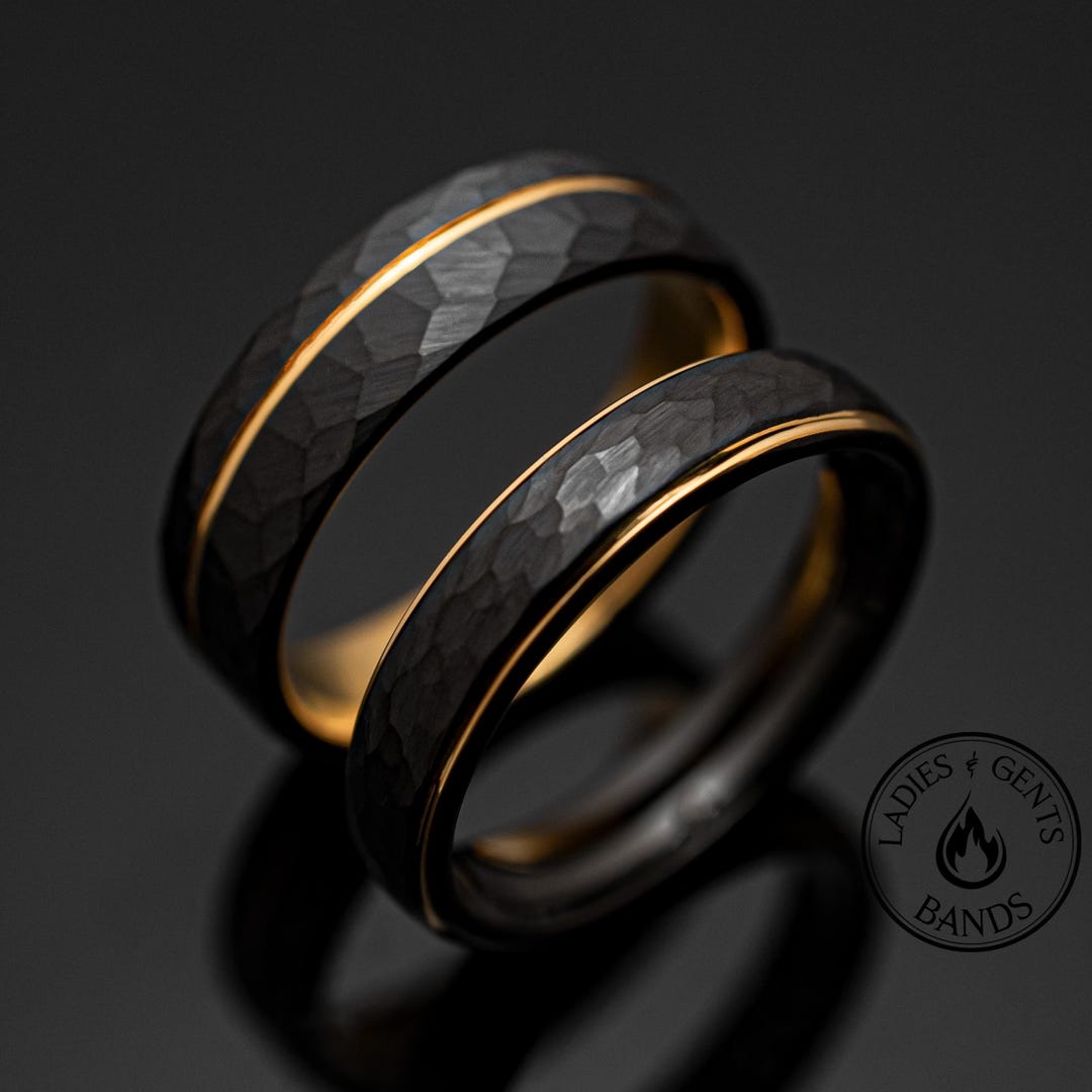 Black Hammered Obsidian Gold Tungsten Wedding Ring Set His and Hers ...