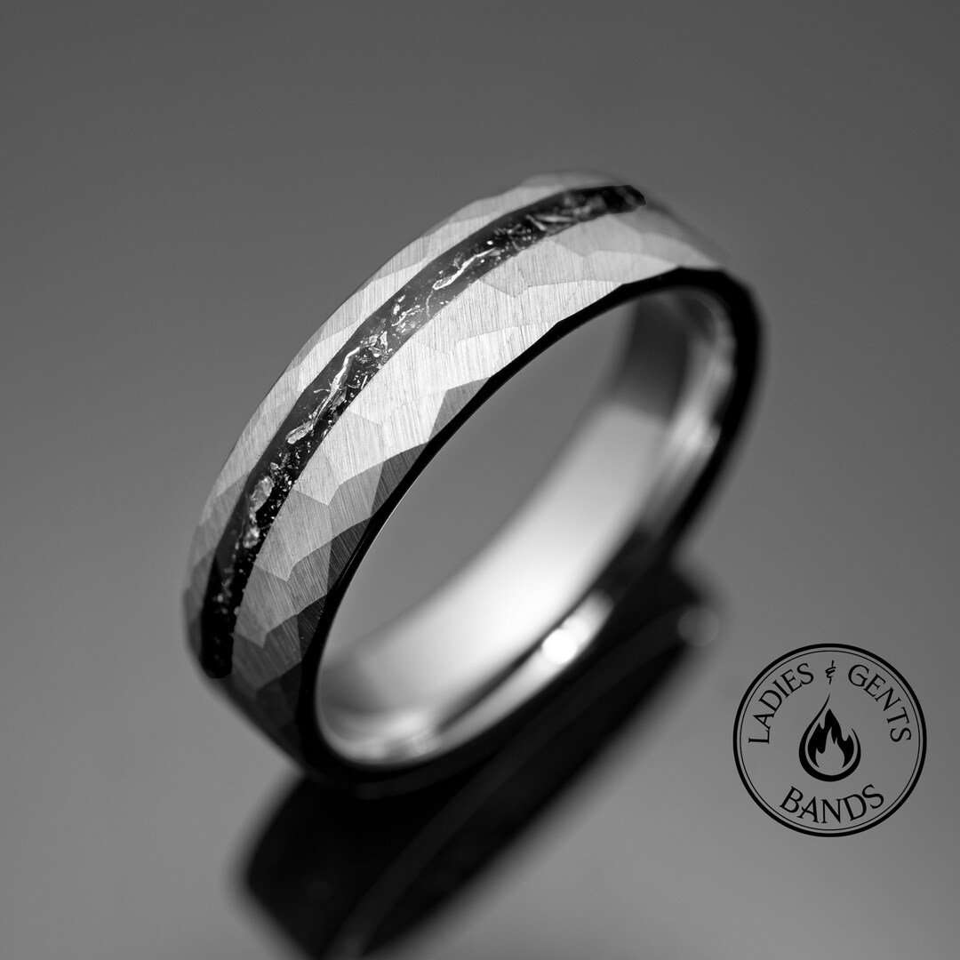 Silver Meteorite Hammered Wedding Band | Custom Men Tungsten Ring in ...