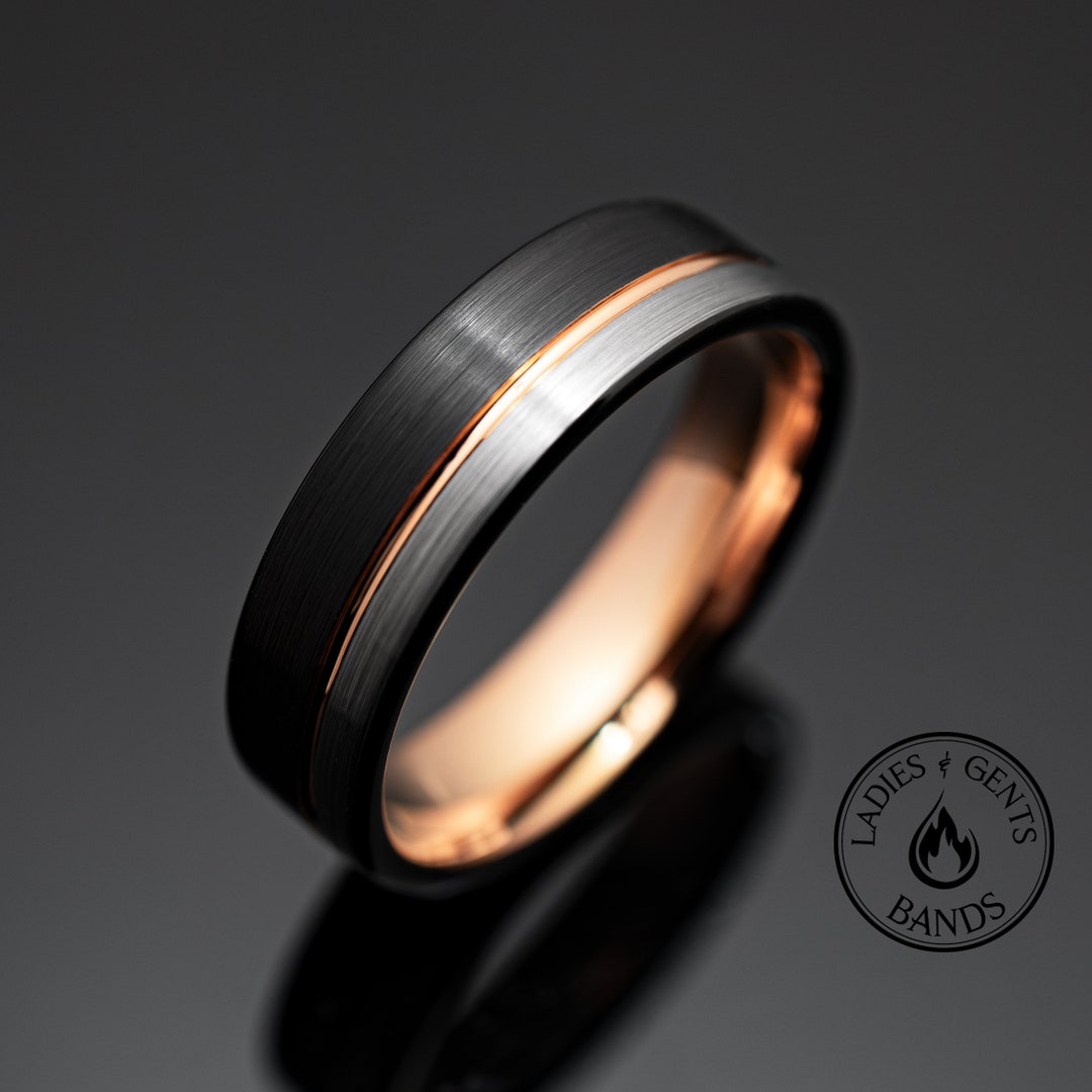 6mm Black Brushed Rose Gold Obsidian Tungsten Wedding Band, Silver Mens ...